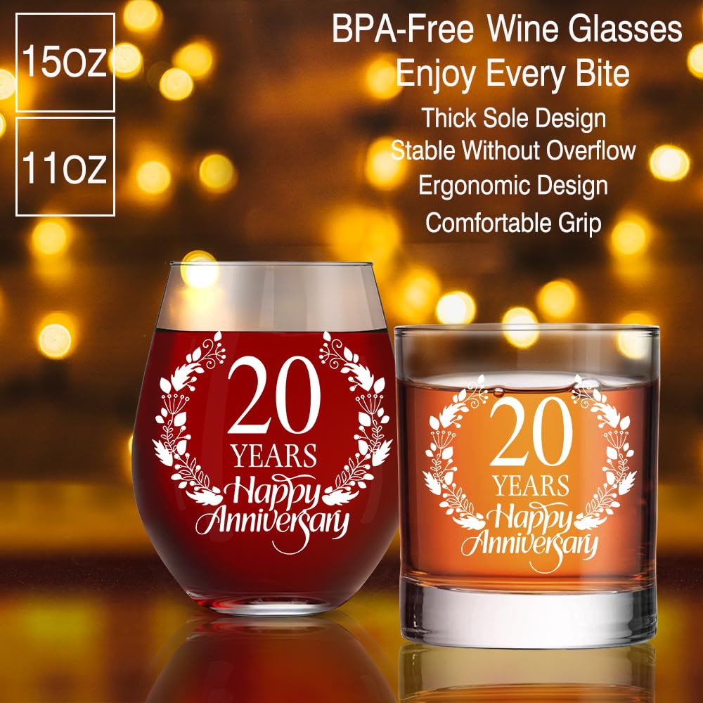 Perfectinsoy 20 Years Happy Anniversary Whiskey Glass and Stemless Wine Glass Gift Set, 20th Anniversary Wedding Gift For Mom, Dad, Soulmate, Couple, 20 Years Gifts, Happy 20th Anniversary