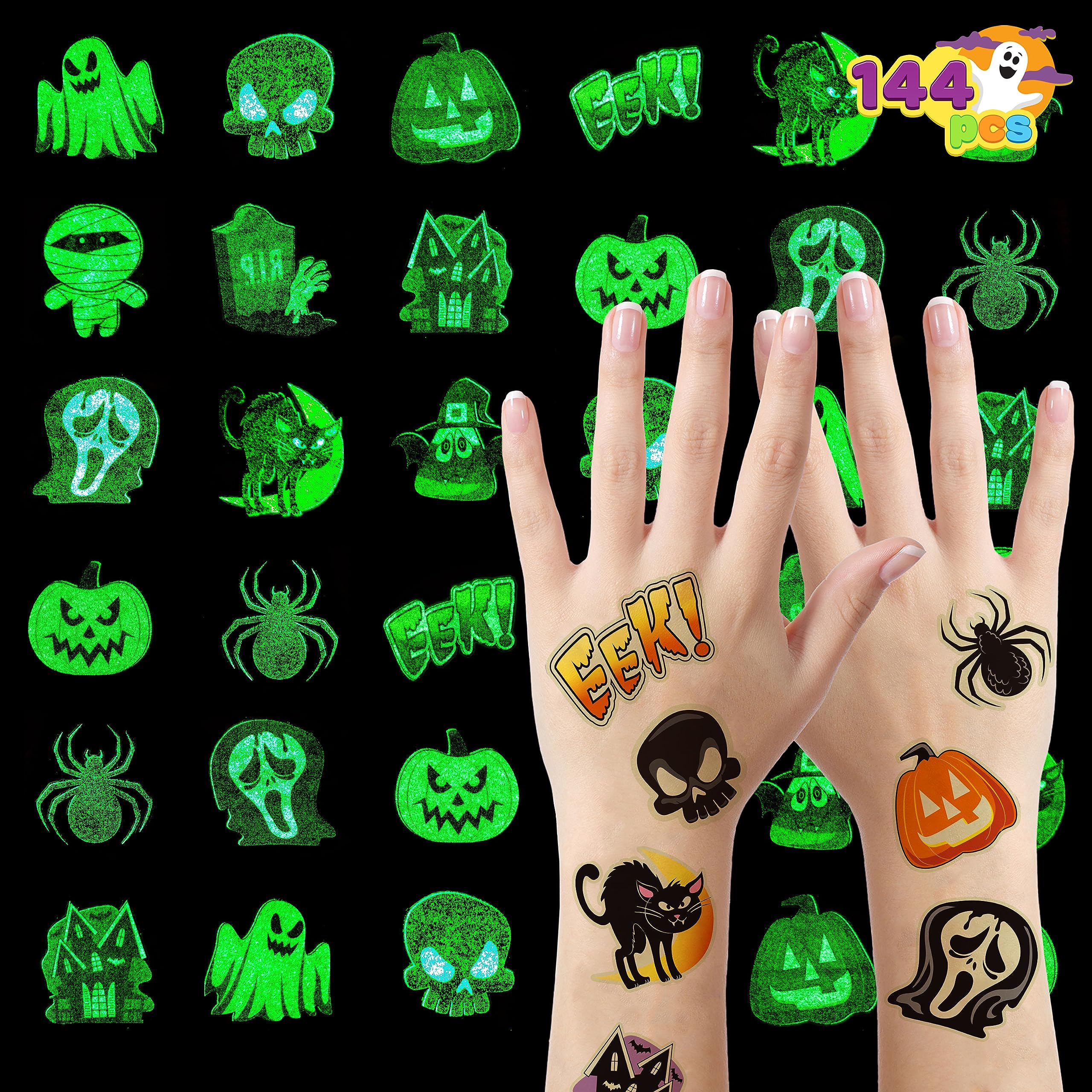 JOYIN 144 PCS Halloween Glowing Temporary Tattoos for Kids, 12 Designs Luminous Halloween Tattoo stickers, Glow in The Dark Party Supplies Decoration, Party Favors Games Prizes, Trick or Treat Gifts