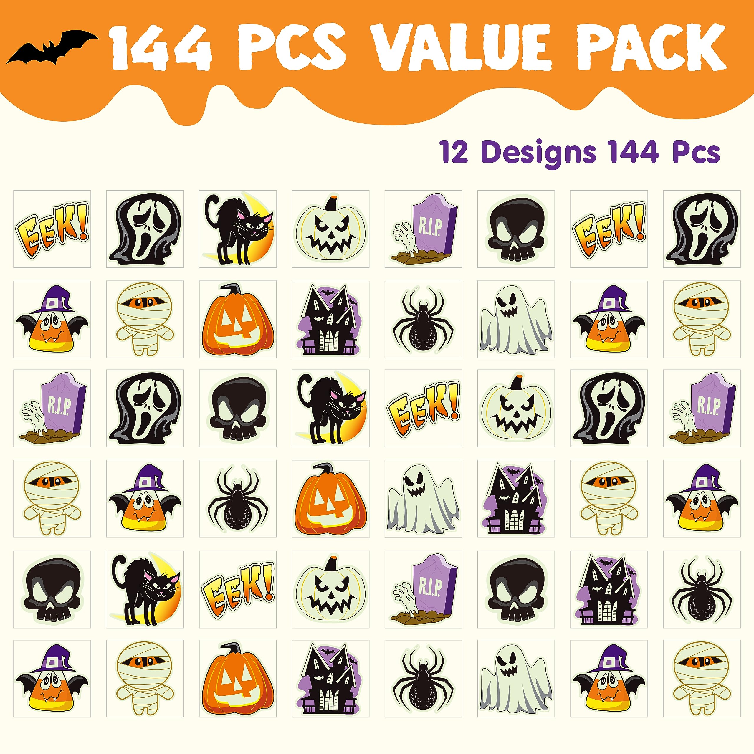 JOYIN 144 PCS Halloween Glowing Temporary Tattoos for Kids, 12 Designs Luminous Halloween Tattoo stickers, Glow in The Dark Party Supplies Decoration, Party Favors Games Prizes, Trick or Treat Gifts