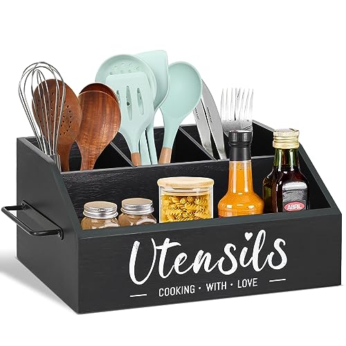 Utensil Holder for Kitchen Counter, Large Kitchen Utensil Holder with Handles, Farmhouse Cooking Utensil Organizer for Flatware, Utensil Caddy with 4 Compartments, Black Kitchen Tools Storage