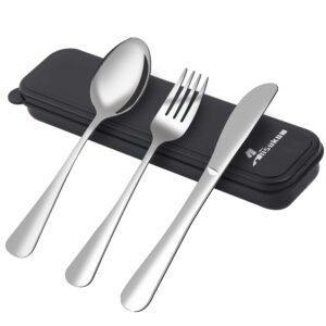 ansukow 4-piece travel utensils with black case, 18/8 stainless steel reusable camping silverware set for lunch box, dorm, work, school, picnic