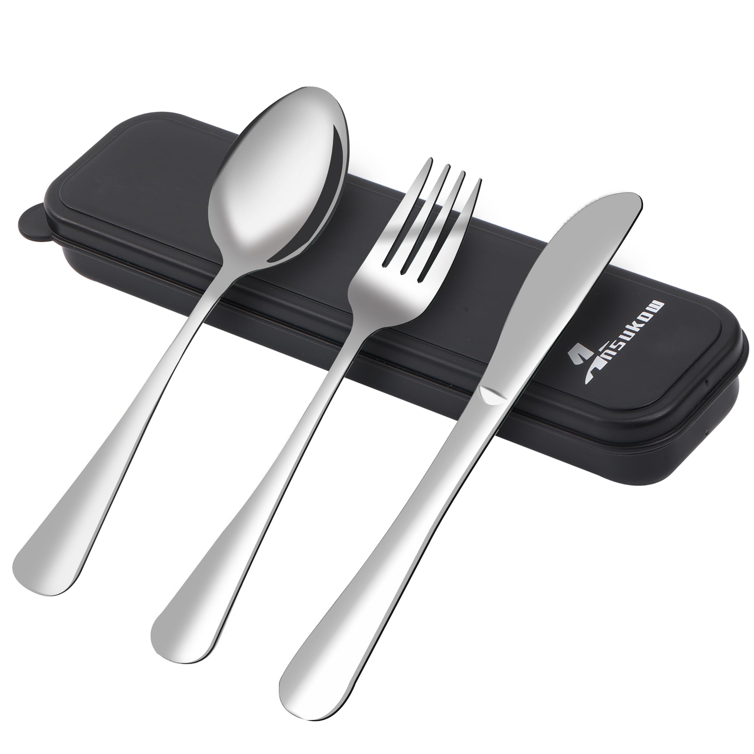 Ansukow 4-Piece Travel Utensils With Black Case, 18/8 Stainless Steel Reusable Camping Silverware Set for Lunch Box, Dorm, Work, School, Picnic