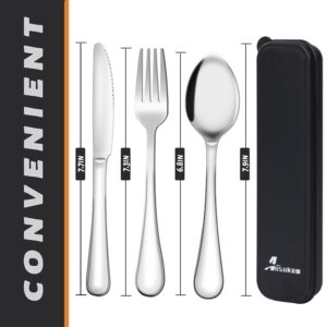 Ansukow 4-Piece Travel Utensils With Black Case, 18/8 Stainless Steel Reusable Camping Silverware Set for Lunch Box, Dorm, Work, School, Picnic