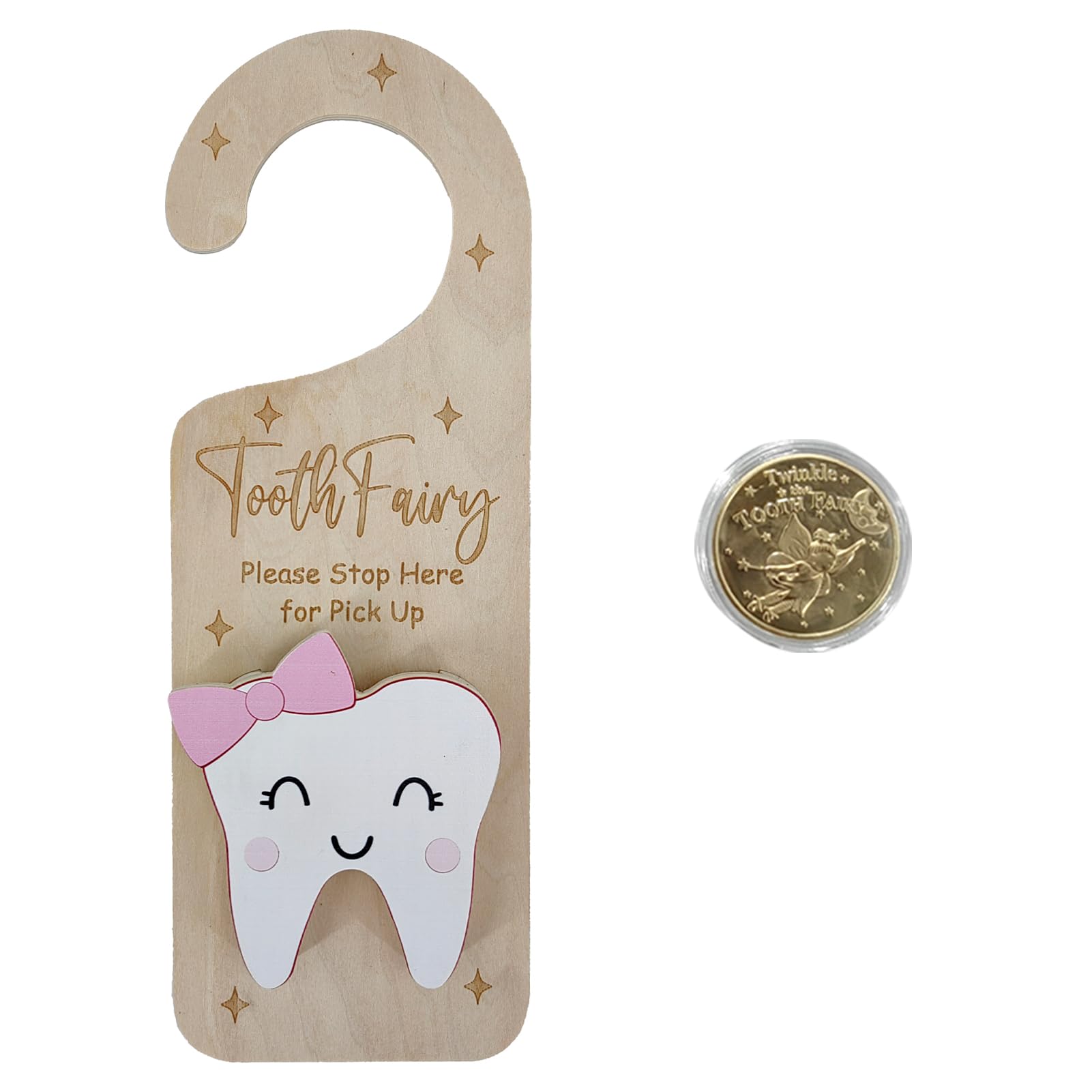 Tooth Fairy Door Hanger, Wooden Tooth Fairy Holder with Tooth Coins for Lost Tooth Kids Gifts - Pink