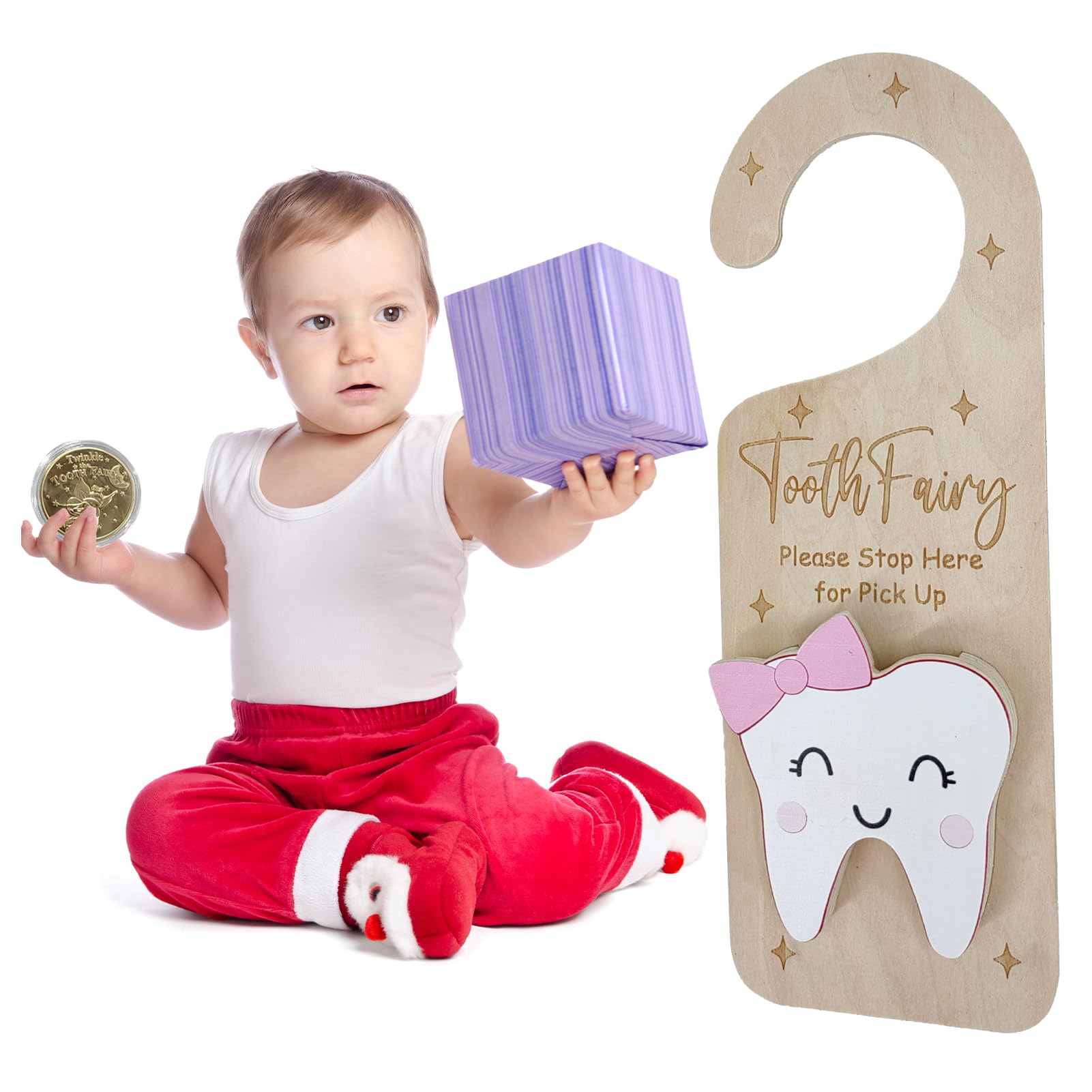 Tooth Fairy Door Hanger, Wooden Tooth Fairy Holder with Tooth Coins for Lost Tooth Kids Gifts - Pink