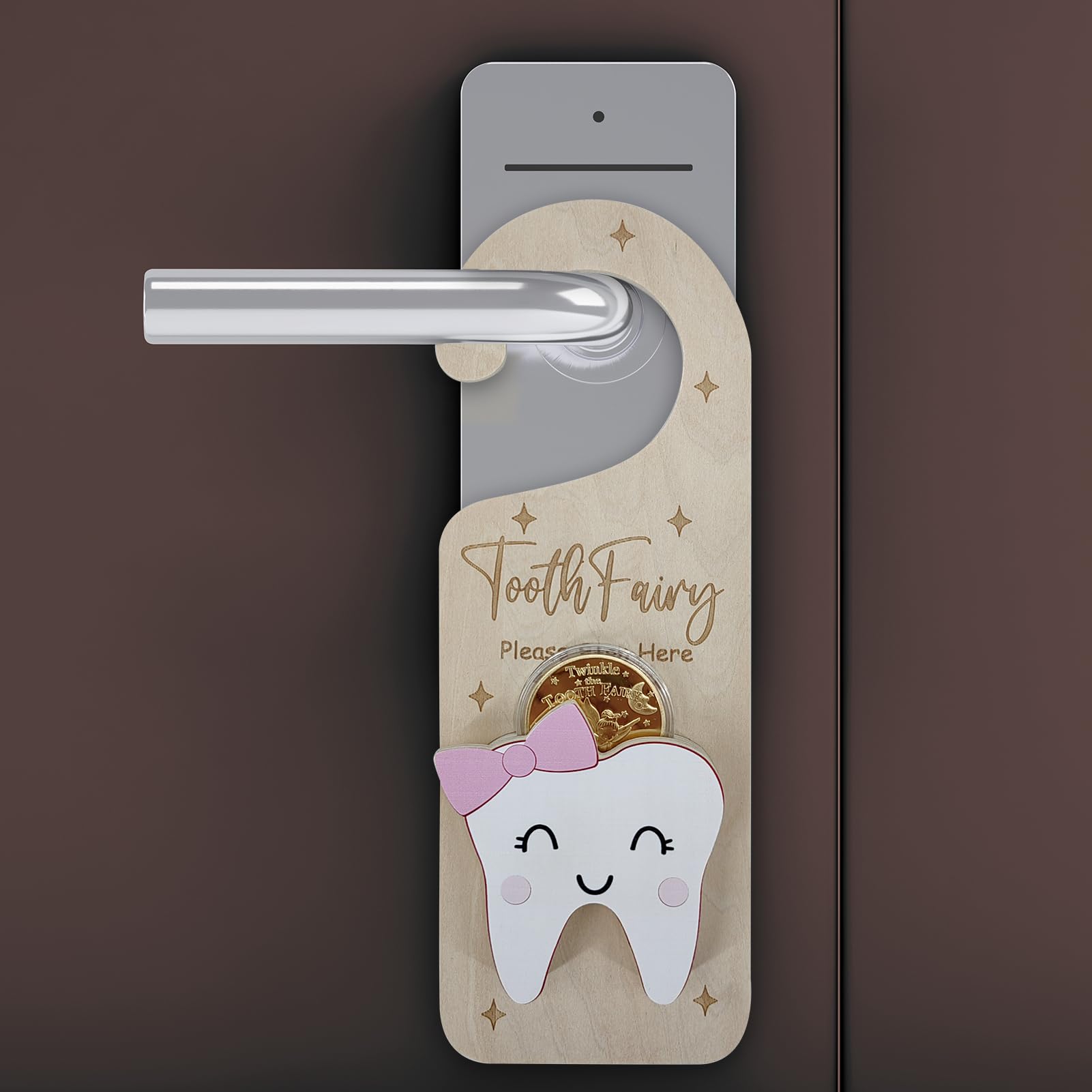 Tooth Fairy Door Hanger, Wooden Tooth Fairy Holder with Tooth Coins for Lost Tooth Kids Gifts - Pink