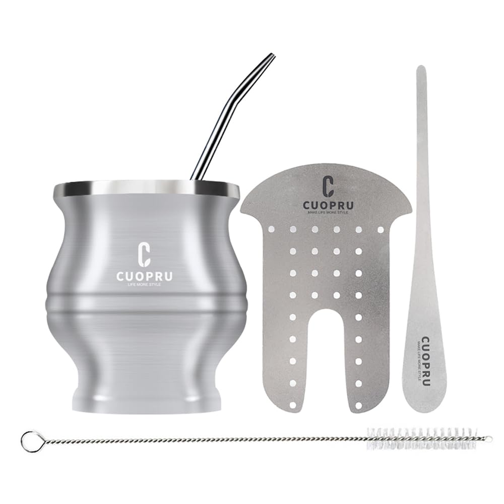 Cuopru Yerba Mate Cup Bombilla - Mate Gourd Set Includes Double Walled Stainless Steel Tea Cup, Tea Shaper set, Bombilla Straws, Cleaning Brush