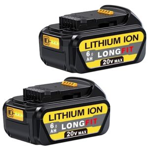 long fit 2 packs replace for dewalt 20v battery 6.0ah (dcb206), replace for dewalt battery 20v max dcb205-2 dcb206 dcb180 dcb204 dcb203 dcb20, compatible with dewalt 20v cordless power tools