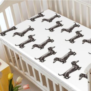 Dachshund Themed Fitted Crib Sheet,Standard Crib Mattress Fitted Sheet Soft and Breathable Bed Sheets - Crib Mattress Sheet or Toddler Bed Sheet,28“ x52“,Dark Taupe Grey White