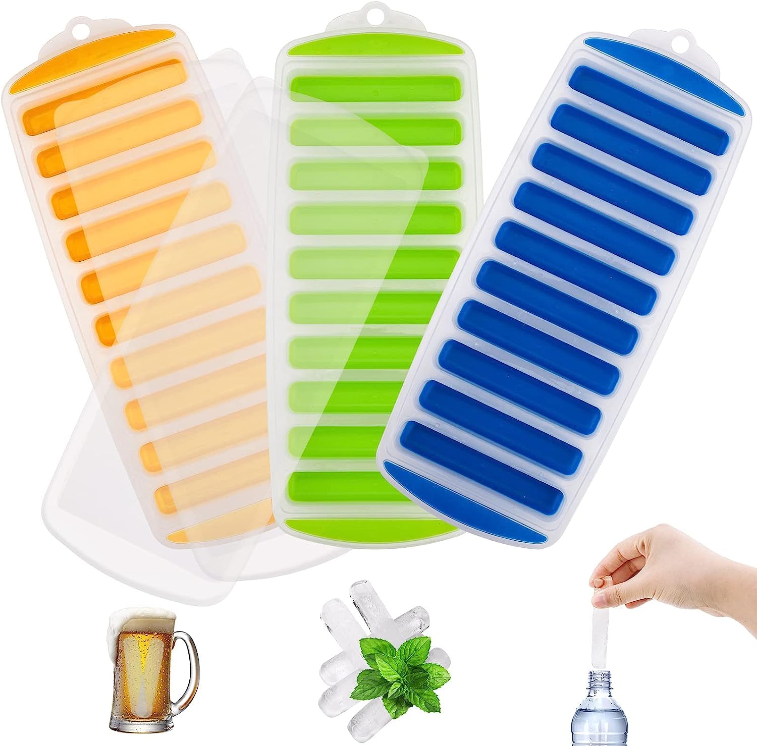 3 Pcs Long Ice Stick Tray Silicone with Lid,Water Bottle Ice Cube Tray with Easy Push and Pop Out Material, Ideal for Sports and Water Bottles