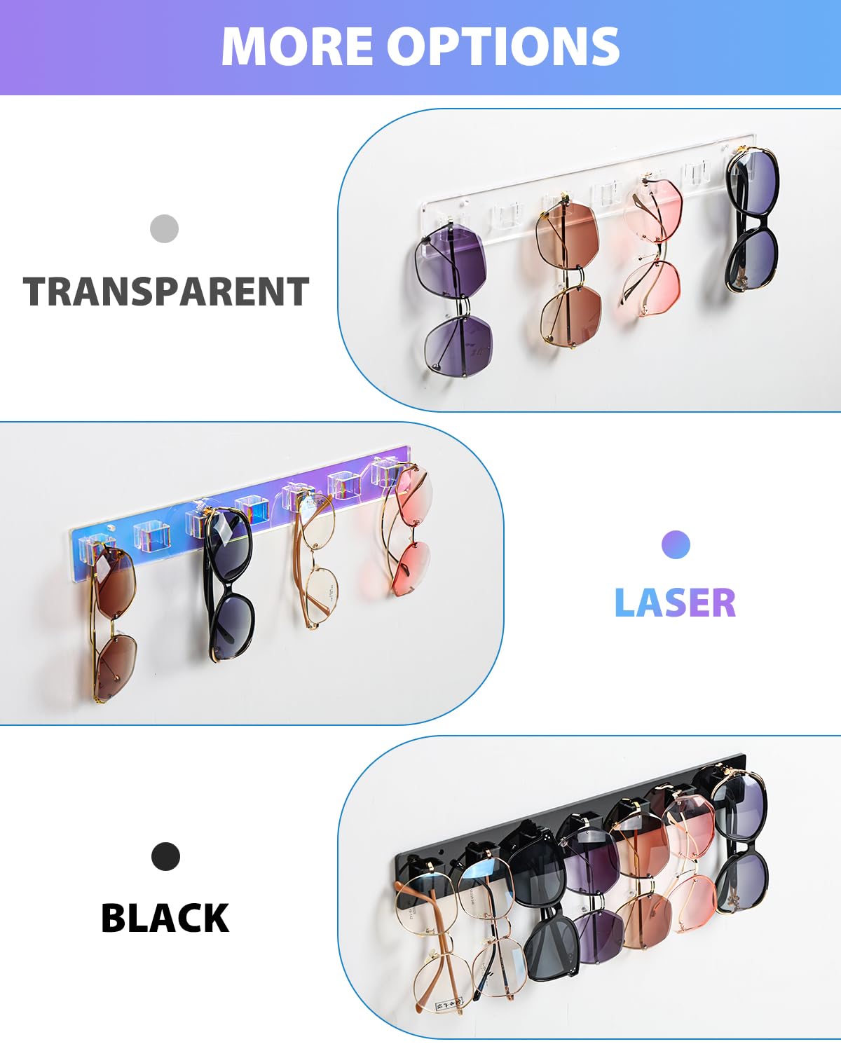 SILFGRLF Sunglasses Holder Organizer, 2 Pack Acrylic Sunglasses Organizer Wall Mounted Eyeglasses Display Holder Eyewear Glasses Hanging Rack for Entryway Living Room Bedroom(Iridescent)