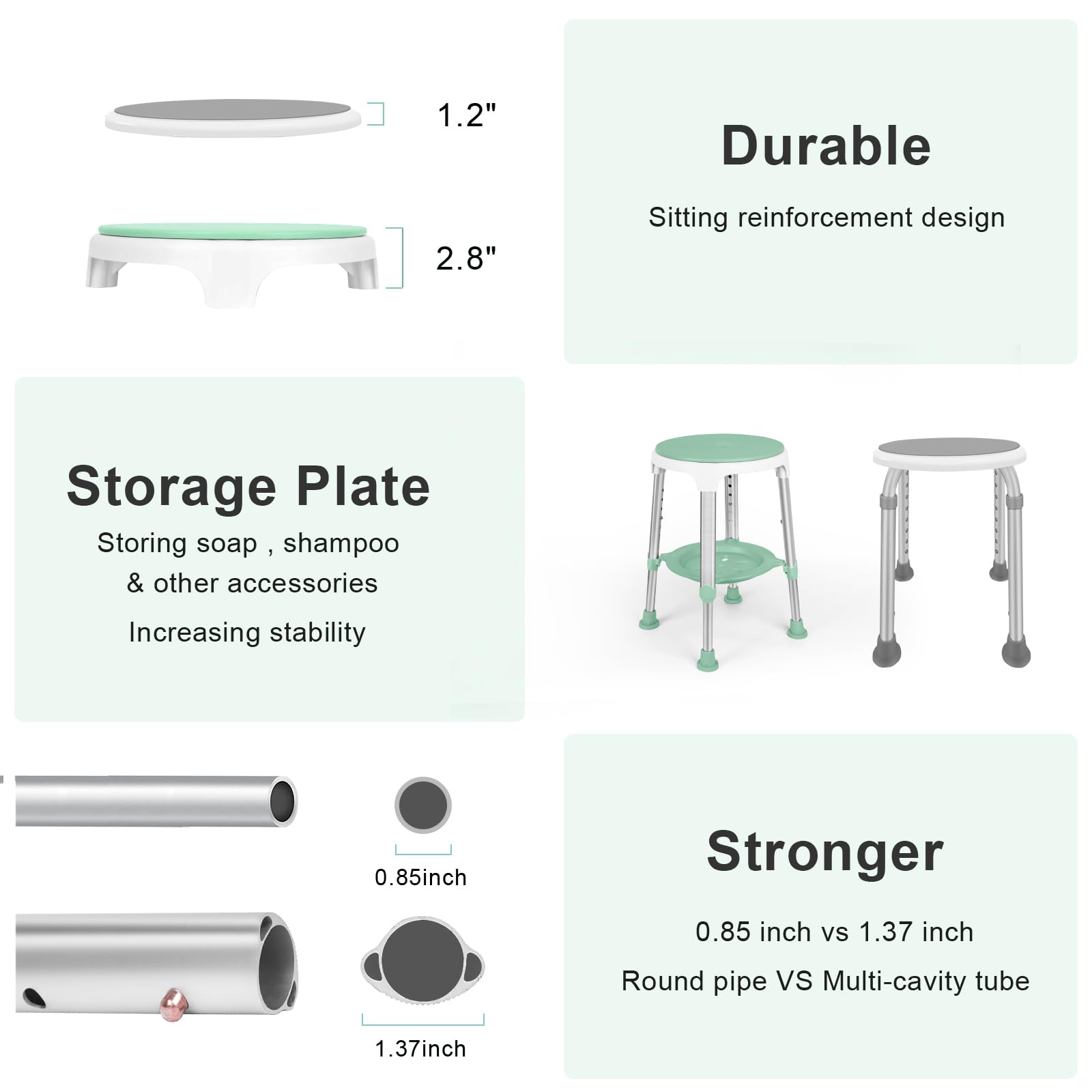 LEACHOI Shower Chair for Inside Shower, Swivel Shower Stools 350lbs, Adjustable Tub Chair and Bathroom Stool with Storage Tray for Seniors, Elderly, Bath Handicap & Disabled Green - FSA/HSA Eligible