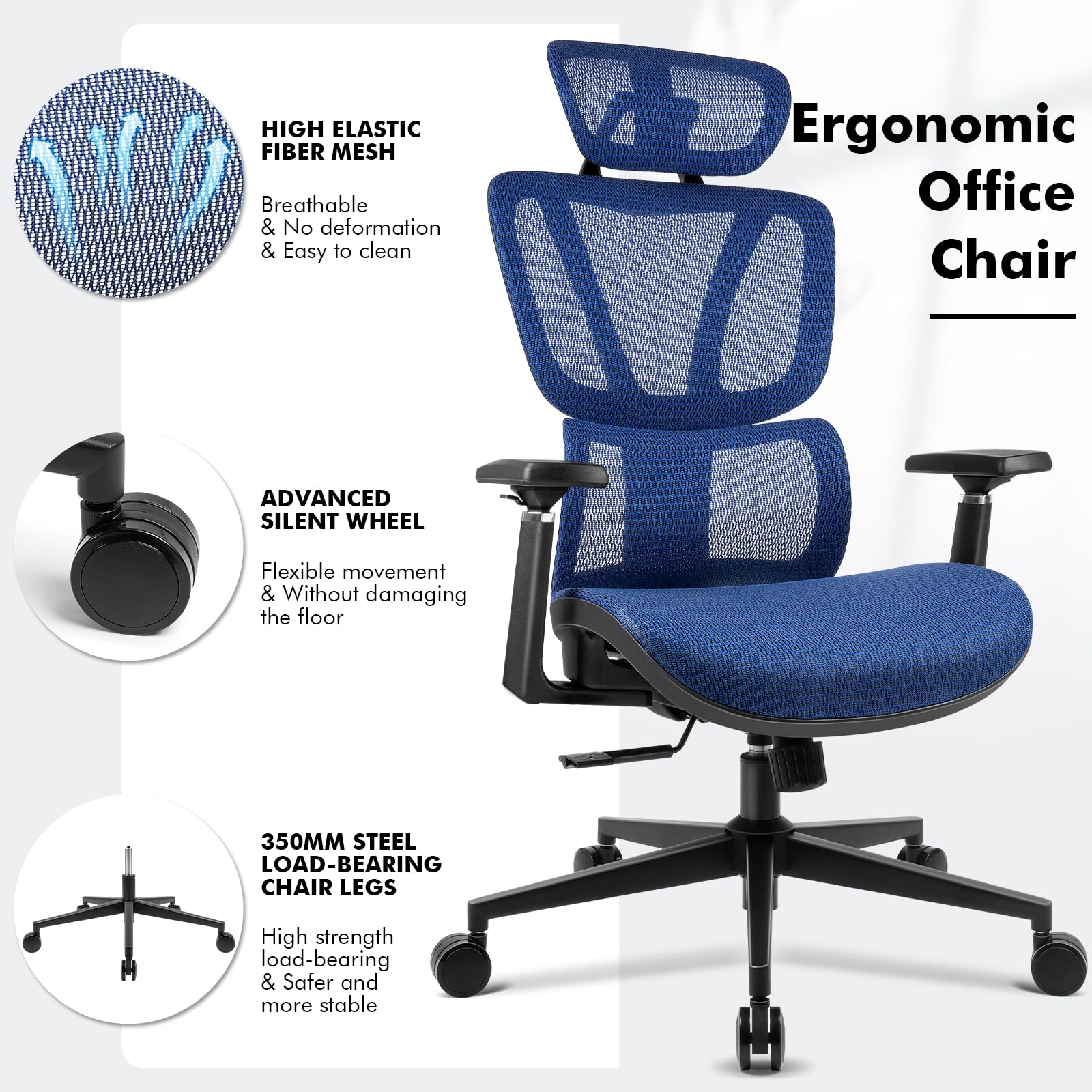 Ferghana Ergonomic Mesh Office Chair, High Back Home Desk Chair with Lumbar Support, Adjustable 3D Armrest and Headrest, Executive Swivel Computer Chair with 300Lbs Weight Capacity(Navy)