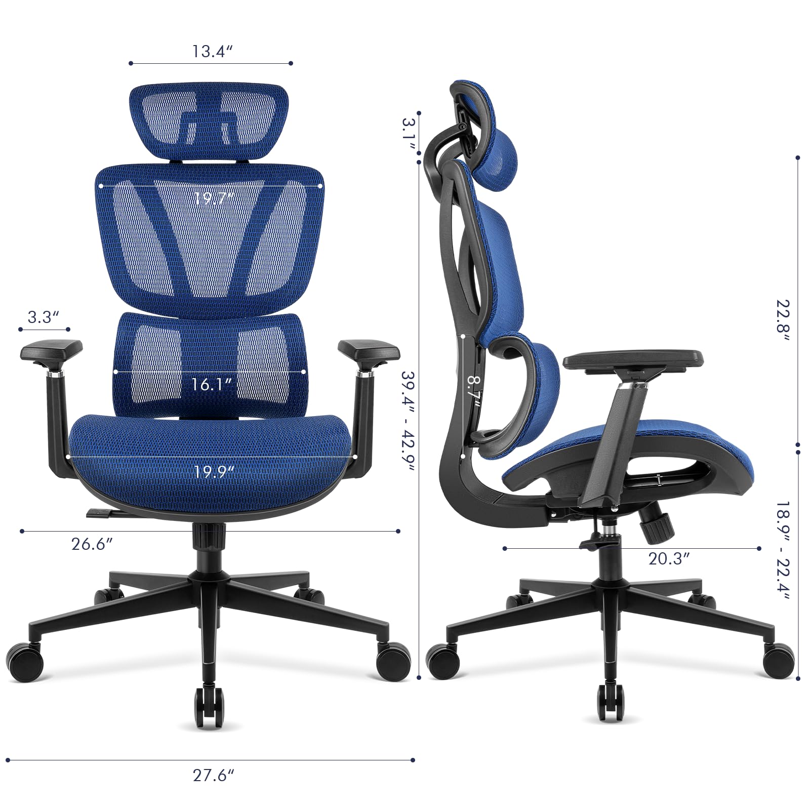 Ferghana Ergonomic Mesh Office Chair, High Back Home Desk Chair with Lumbar Support, Adjustable 3D Armrest and Headrest, Executive Swivel Computer Chair with 300Lbs Weight Capacity(Navy)