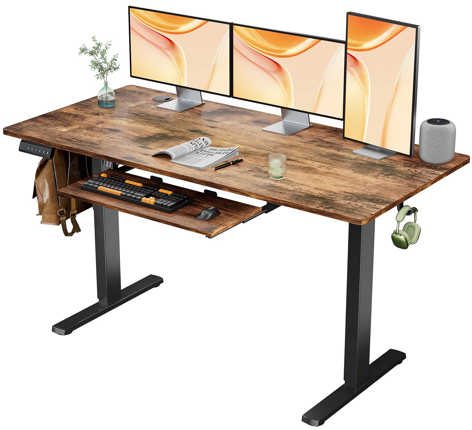 Electric Standing Desk with Keyboard Tray, 55 x 24 Inches Large Height Adjustable Desk Stand Up Desk with 3 Memory Presets, Ergonomic Computer Desk Home Office Desk Sit to Stand Desk, Rustic Brown