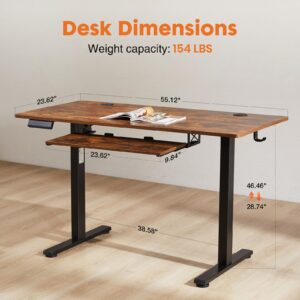 Electric Standing Desk with Keyboard Tray, 55 x 24 Inches Large Height Adjustable Desk Stand Up Desk with 3 Memory Presets, Ergonomic Computer Desk Home Office Desk Sit to Stand Desk, Rustic Brown