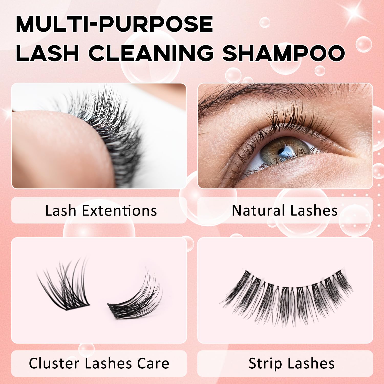 MERETON 150ml Lash Shampoo for Lash Extensions, Eyelash Extension Cleanser Lash Cleaning Kit for Cluster Lashes with Fan+Makeup Pad+Cleaning Brush+100 Pcs Lash Brush+Wash Bottle, Oil Free Foam