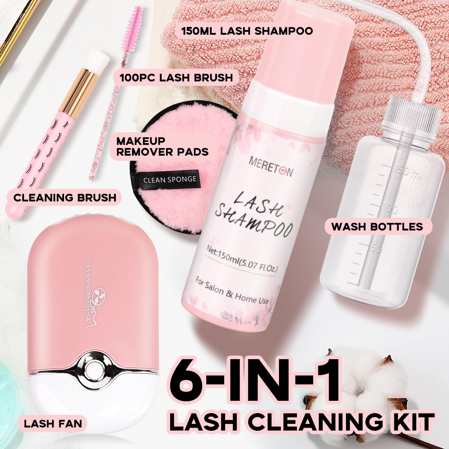 MERETON 150ml Lash Shampoo for Lash Extensions, Eyelash Extension Cleanser Lash Cleaning Kit for Cluster Lashes with Fan+Makeup Pad+Cleaning Brush+100 Pcs Lash Brush+Wash Bottle, Oil Free Foam