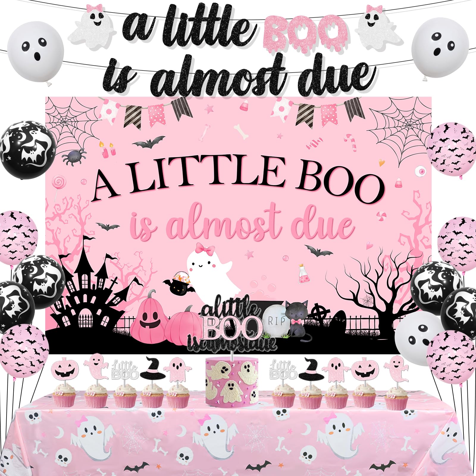 Balterever Halloween Baby Shower Decorations for Girls Pink Black a Little Boo is Almost Due Baby Shower Banner Backdrop Cake Cupcake Toppers Halloween Tablecloth for Halloween Baby Shower Gender