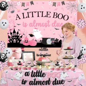 Balterever Halloween Baby Shower Decorations for Girls Pink Black a Little Boo is Almost Due Baby Shower Banner Backdrop Cake Cupcake Toppers Halloween Tablecloth for Halloween Baby Shower Gender