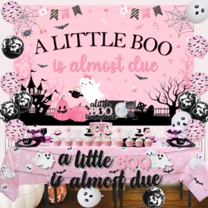 Balterever Halloween Baby Shower Decorations for Girls Pink Black a Little Boo is Almost Due Baby Shower Banner Backdrop Cake Cupcake Toppers Halloween Tablecloth for Halloween Baby Shower Gender