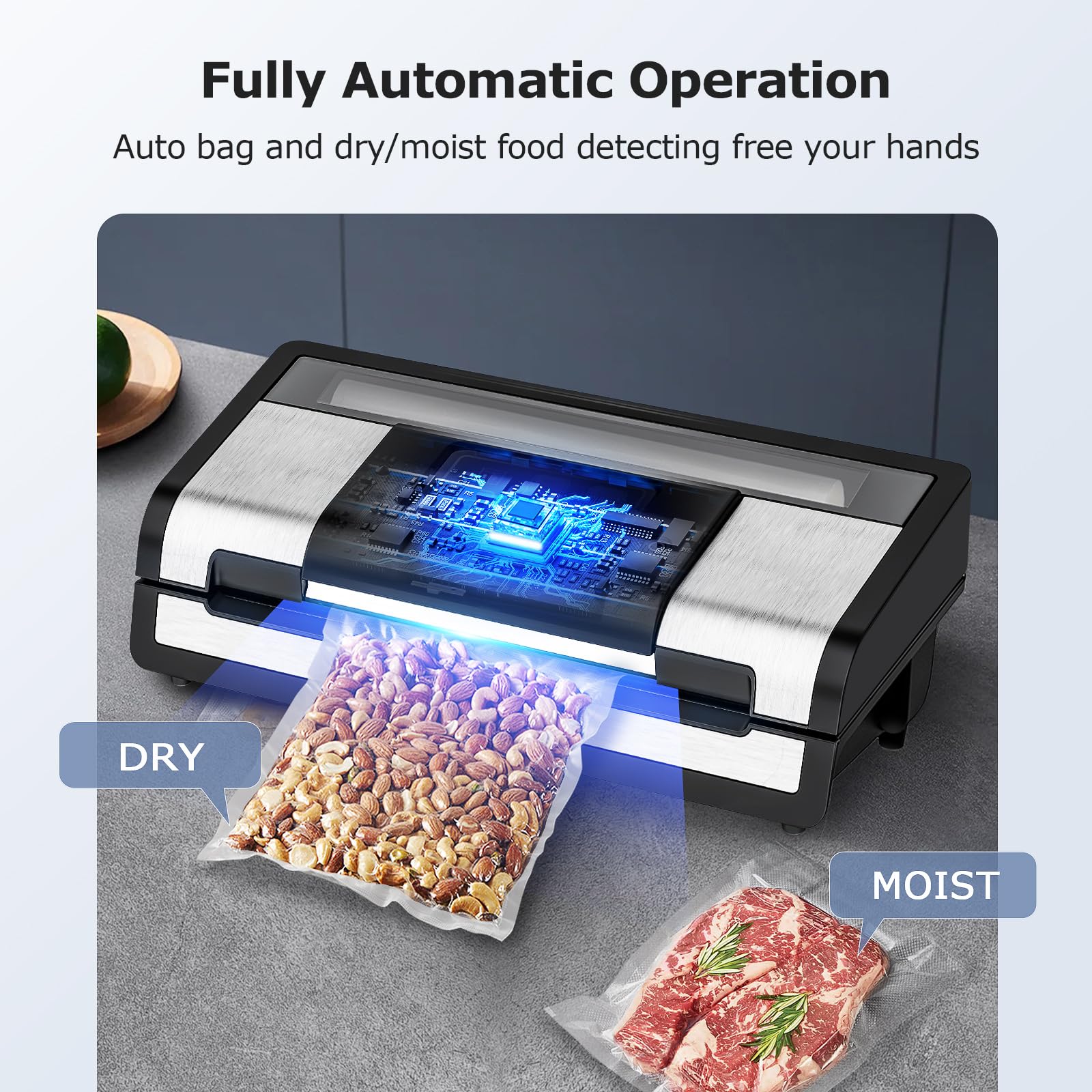 FRESKO Smart Vacuum Sealer Pro, Full Automatic Food Sealer Machine with Auto Dry/Moist Detection, Roll Bag and Built-in Cutter, Powerful Seal a Meal Sealer Machine for Food Stoarge and Saver