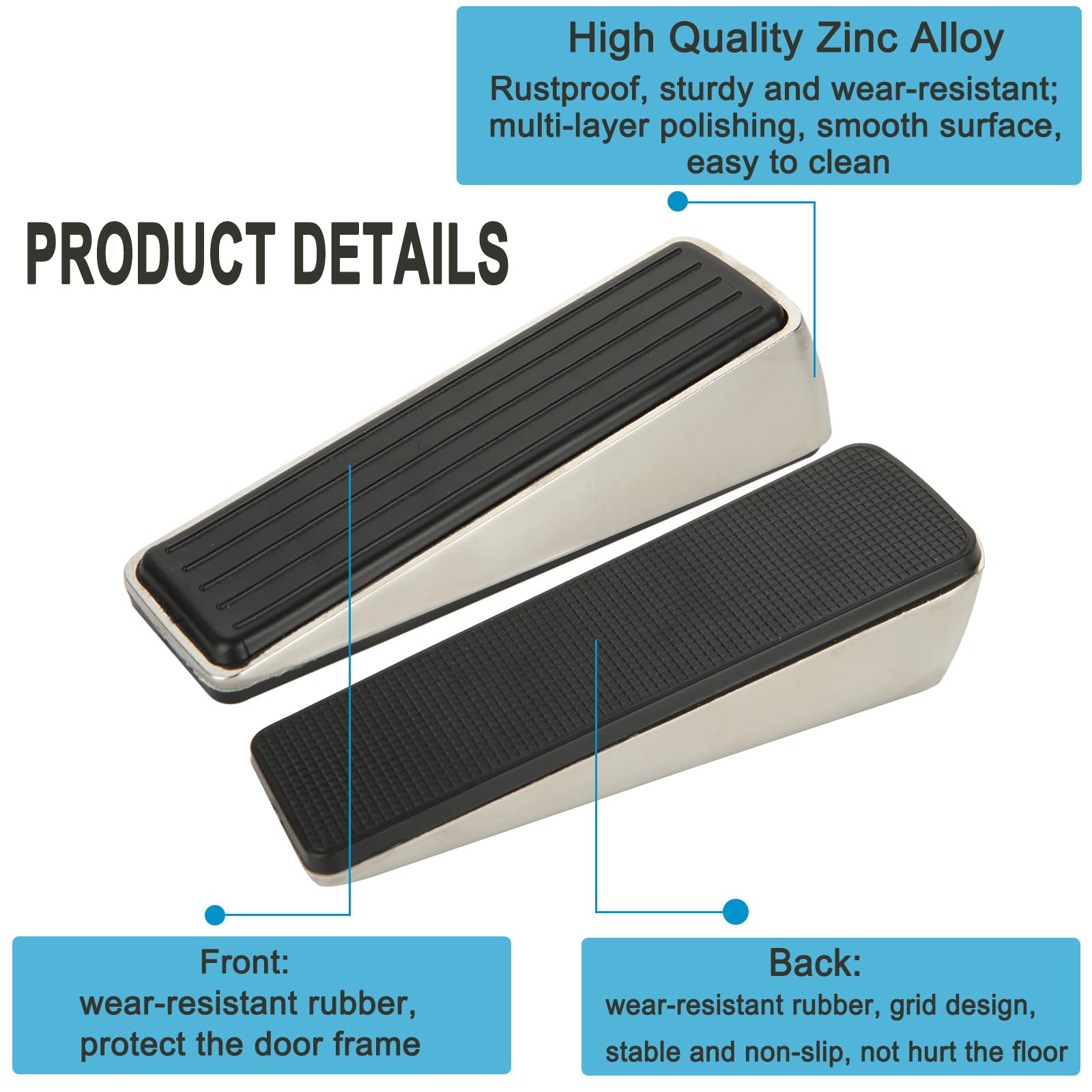 6 Pack Door Stopper, Heavy Duty Door Stop Wedge, Metal Zinc Alloy Doorstop with Anti-Slip Rubber Base, Door Jam Stoppers for Bottom of Any Door, Any Floor, Home, Office, Dorm, Classroom