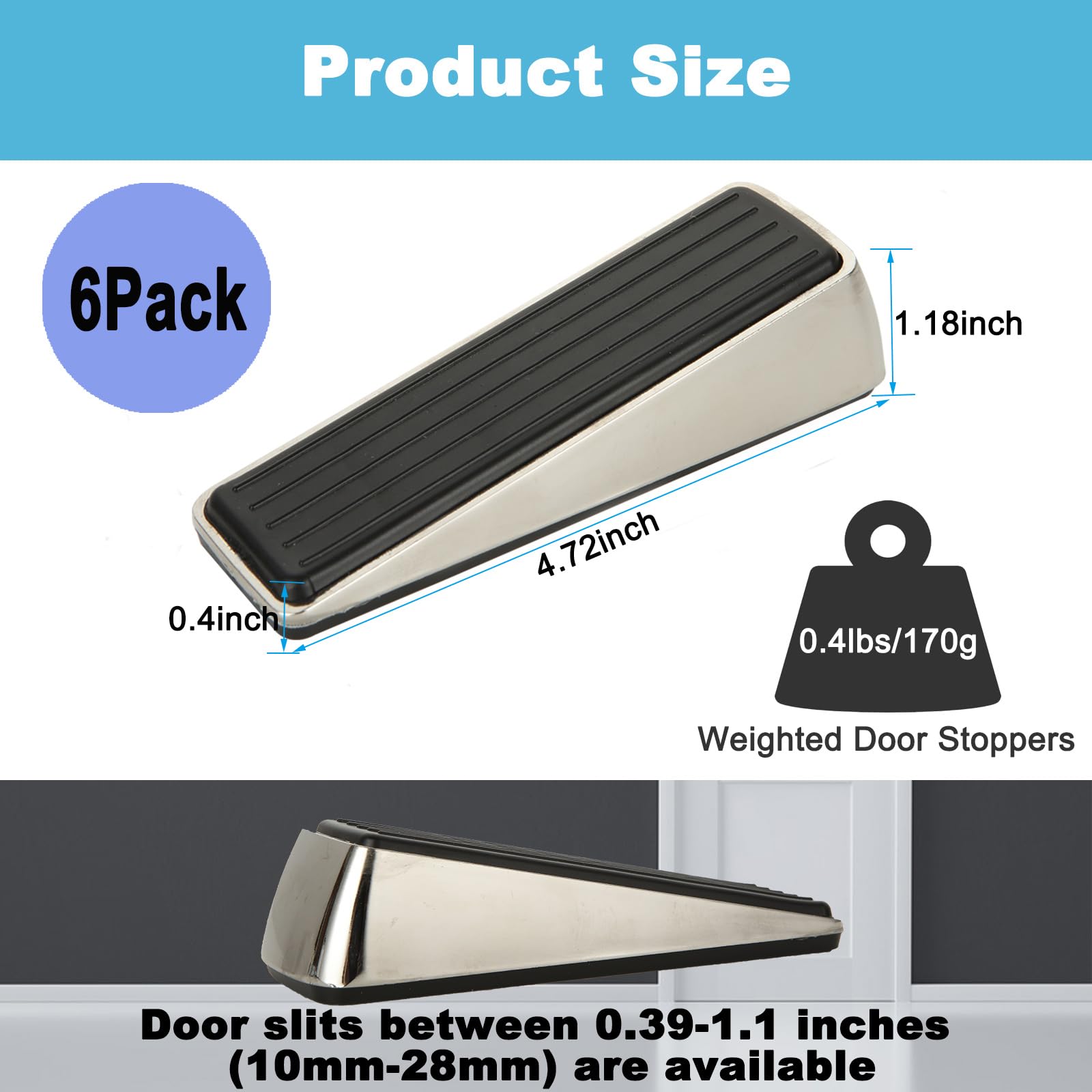 6 Pack Door Stopper, Heavy Duty Door Stop Wedge, Metal Zinc Alloy Doorstop with Anti-Slip Rubber Base, Door Jam Stoppers for Bottom of Any Door, Any Floor, Home, Office, Dorm, Classroom