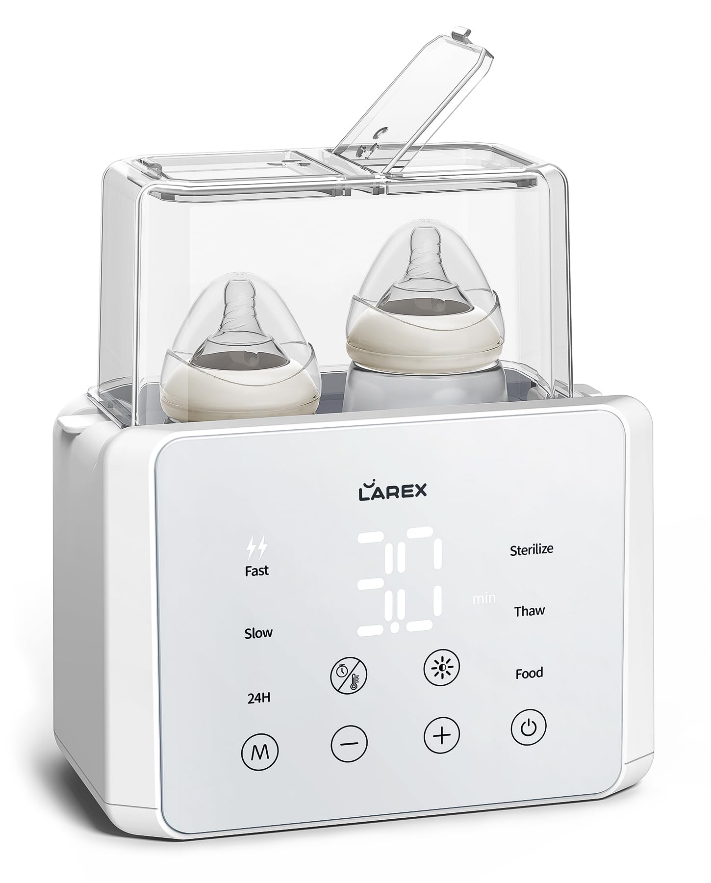 Larex Double Bottle Warmer, 11-in-1 Fast Baby Bottle Warmer for Breastmilk and Formula, with Timer, Fits 2 Bottles, Accurate Temp Control, Milk Warmer with Thaw, Steri-lizing, Keep Warm, Heat Food