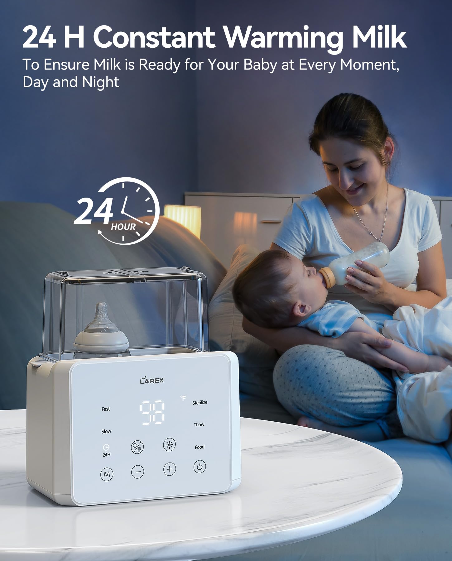 Larex Double Bottle Warmer, 11-in-1 Fast Baby Bottle Warmer for Breastmilk and Formula, with Timer, Fits 2 Bottles, Accurate Temp Control, Milk Warmer with Thaw, Steri-lizing, Keep Warm, Heat Food