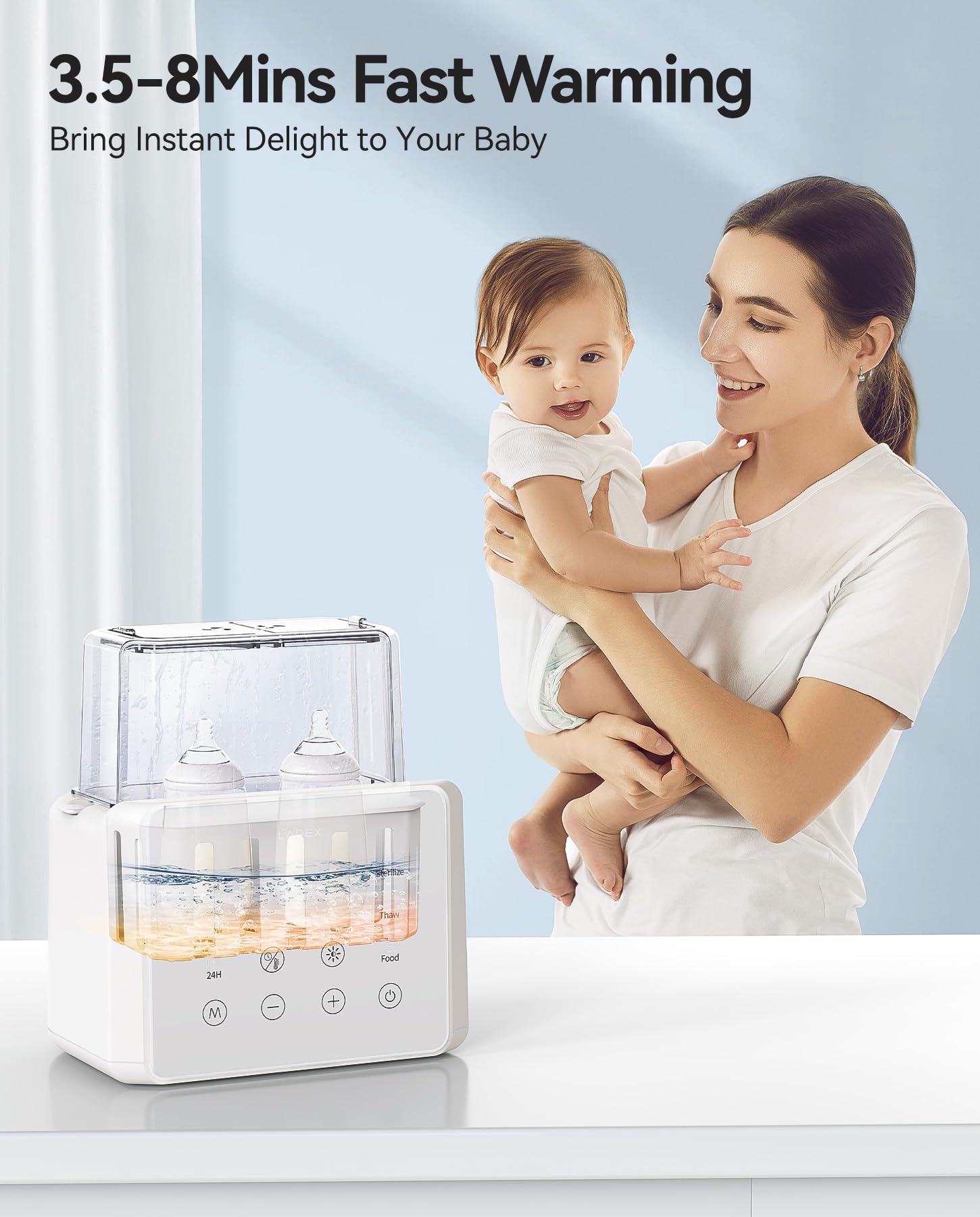 Larex Double Bottle Warmer, 11-in-1 Fast Baby Bottle Warmer for Breastmilk and Formula, with Timer, Fits 2 Bottles, Accurate Temp Control, Milk Warmer with Thaw, Steri-lizing, Keep Warm, Heat Food