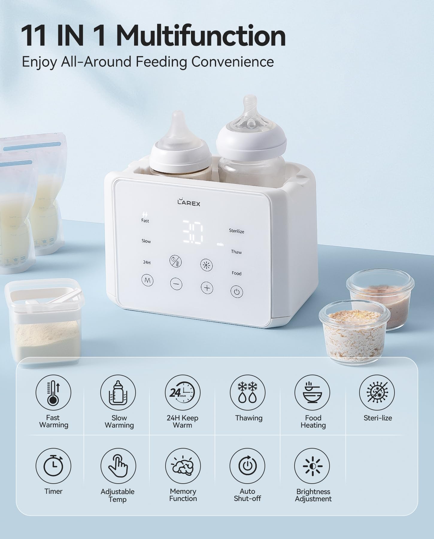 Larex Double Bottle Warmer, 11-in-1 Fast Baby Bottle Warmer for Breastmilk and Formula, with Timer, Fits 2 Bottles, Accurate Temp Control, Milk Warmer with Thaw, Steri-lizing, Keep Warm, Heat Food