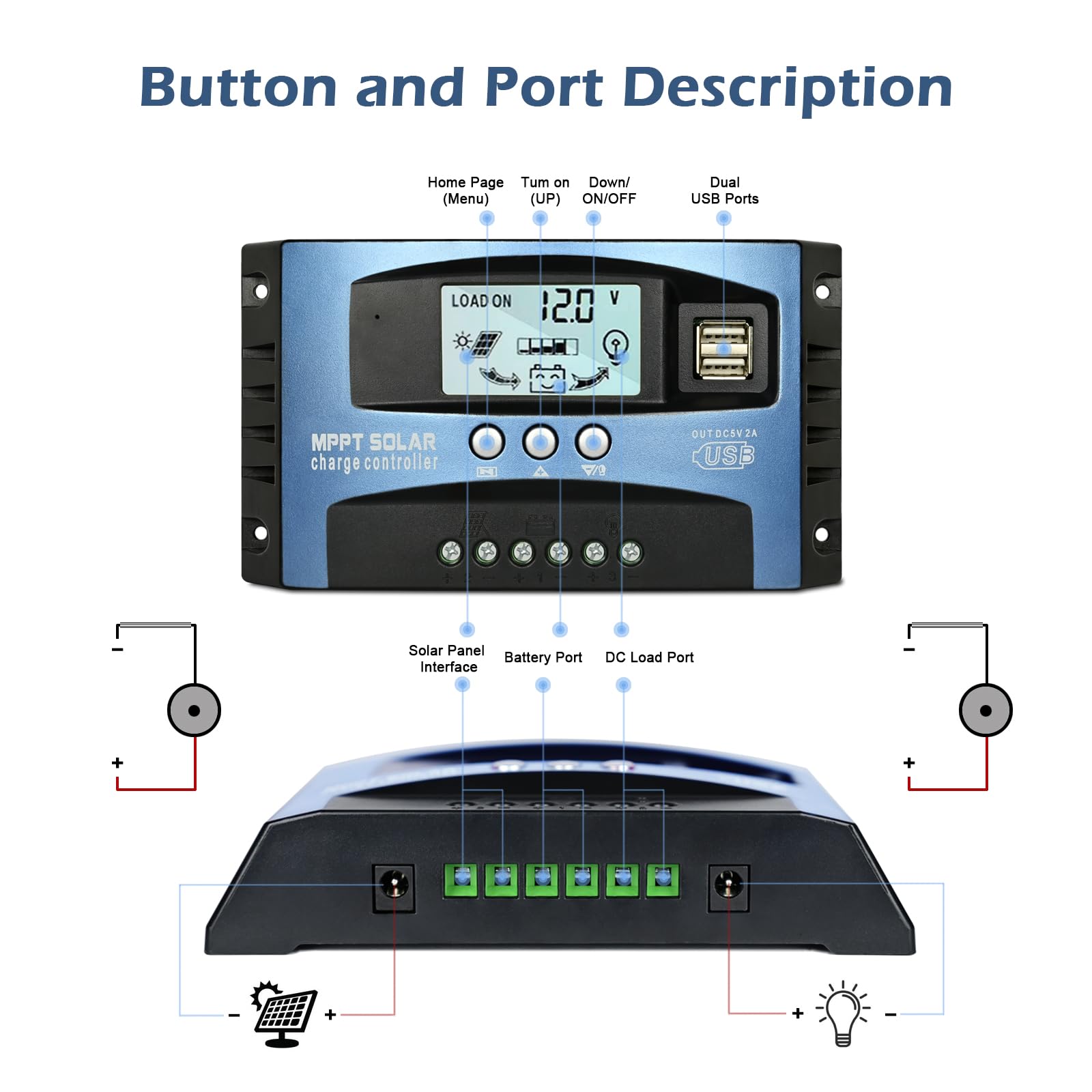 [Upgraded]60A MPPT Solar Charge Controller, 12/24v Solar Panel Charge Controller Intelligent Regulator with 5V Dual USB Port, LCD Display, Auto Parameter Adjustable