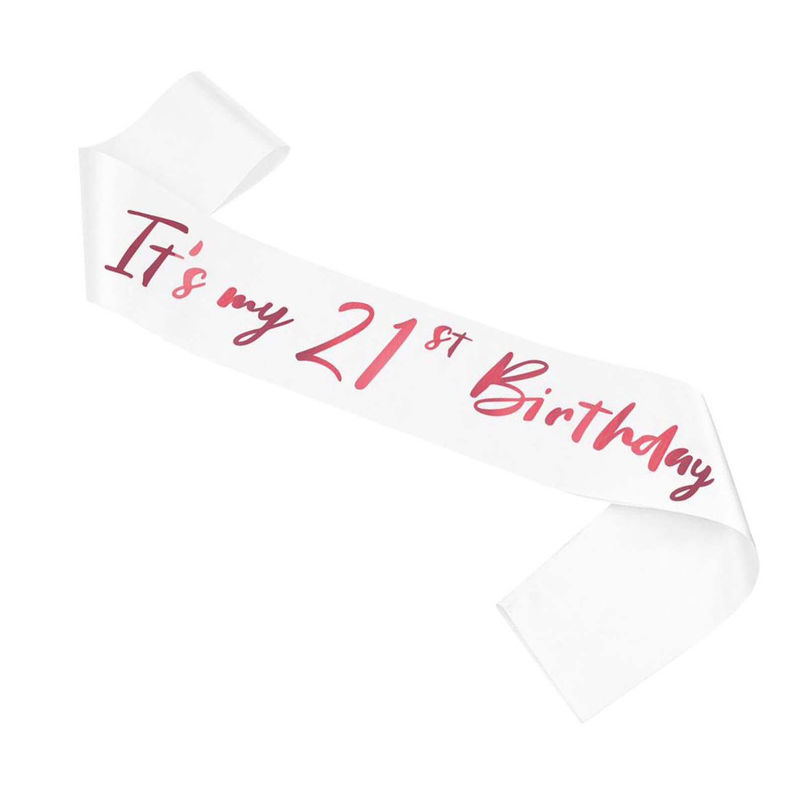 21st Birthday Sash, White Satin Soft Sashes with Pink Foil Letter, Birthday Decorations for Girls Happy 21st Birthday Party Favor Supplies, White Pink