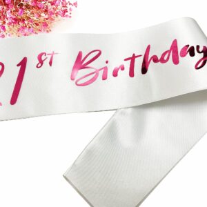 21st Birthday Sash, White Satin Soft Sashes with Pink Foil Letter, Birthday Decorations for Girls Happy 21st Birthday Party Favor Supplies, White Pink