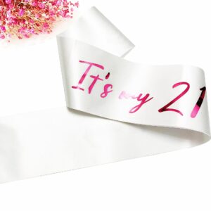 21st Birthday Sash, White Satin Soft Sashes with Pink Foil Letter, Birthday Decorations for Girls Happy 21st Birthday Party Favor Supplies, White Pink