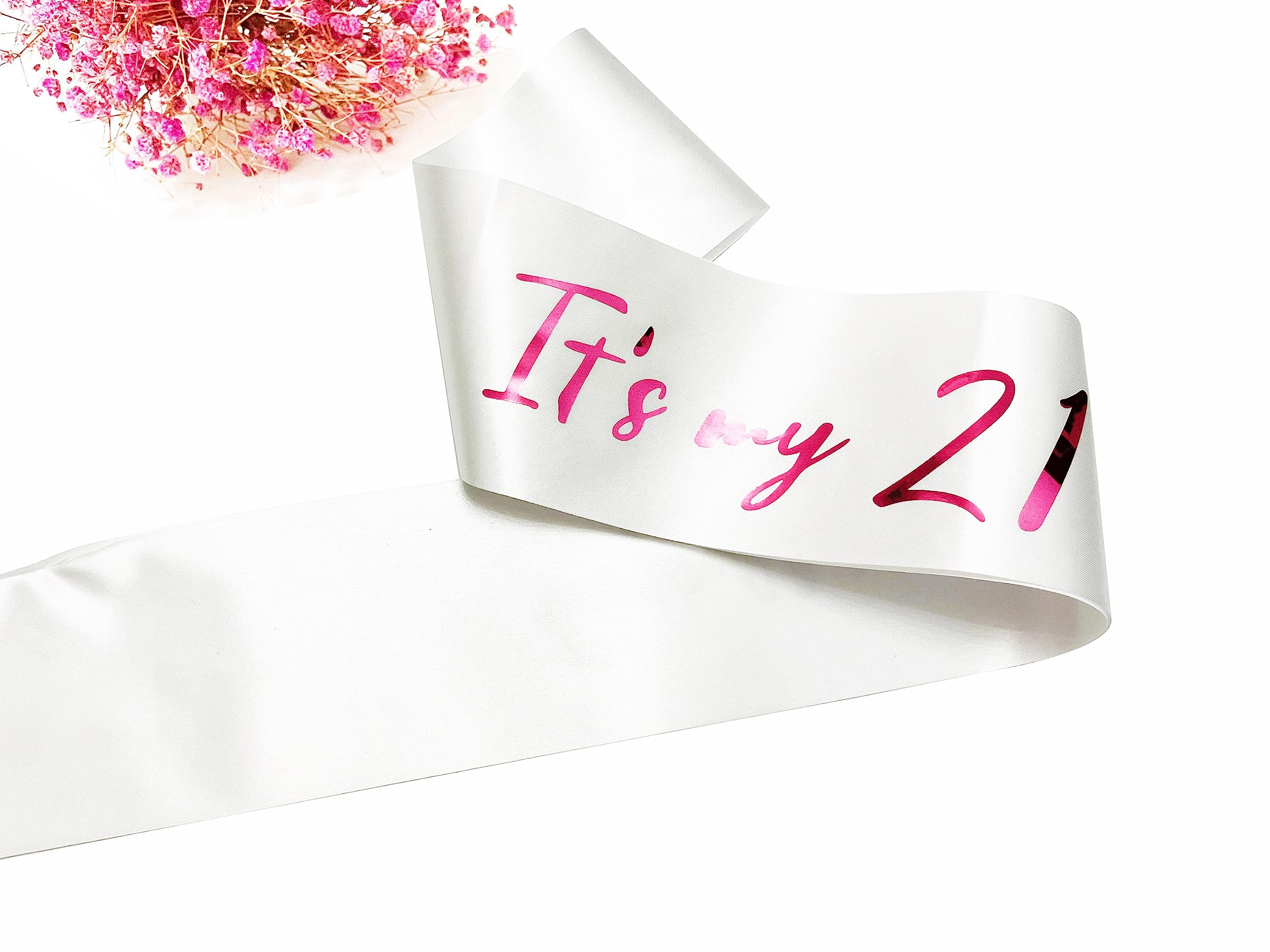 21st Birthday Sash, White Satin Soft Sashes with Pink Foil Letter, Birthday Decorations for Girls Happy 21st Birthday Party Favor Supplies, White Pink