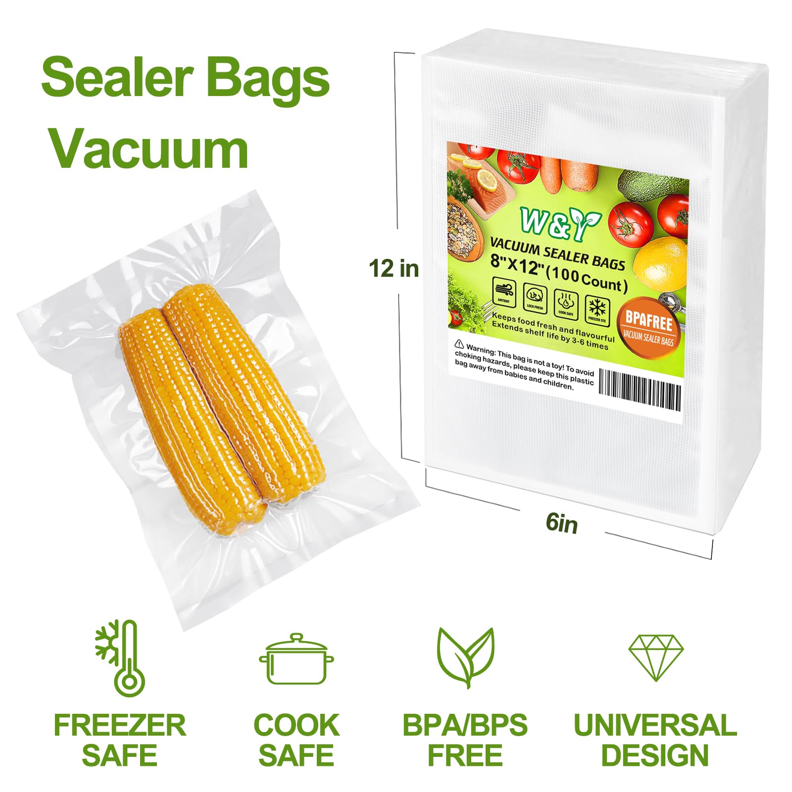 W&Y Vacuum Sealer Bags for Food - 100 Quart, 8" x 12" Commercial Grade Embossed Food Vacuum Bags - Pre-Cut Food Saver Bags for Sous Vide, Meal Prep, and Storage - BPA Free