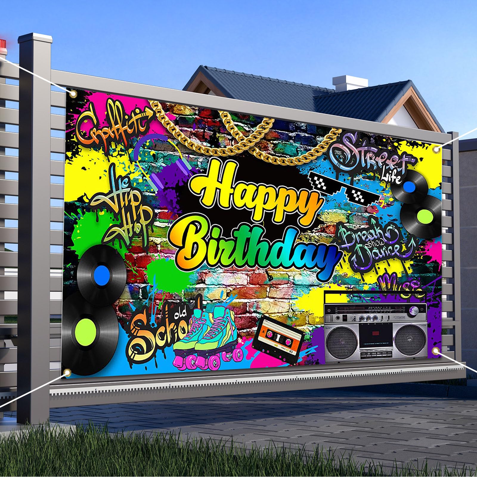 Avezano Hip Hop Birthday Party Backdrop Throwback Retro Birthday Banner Decor Graffiti 80's 90's Birthday Party Background (70.8x43.3inch)