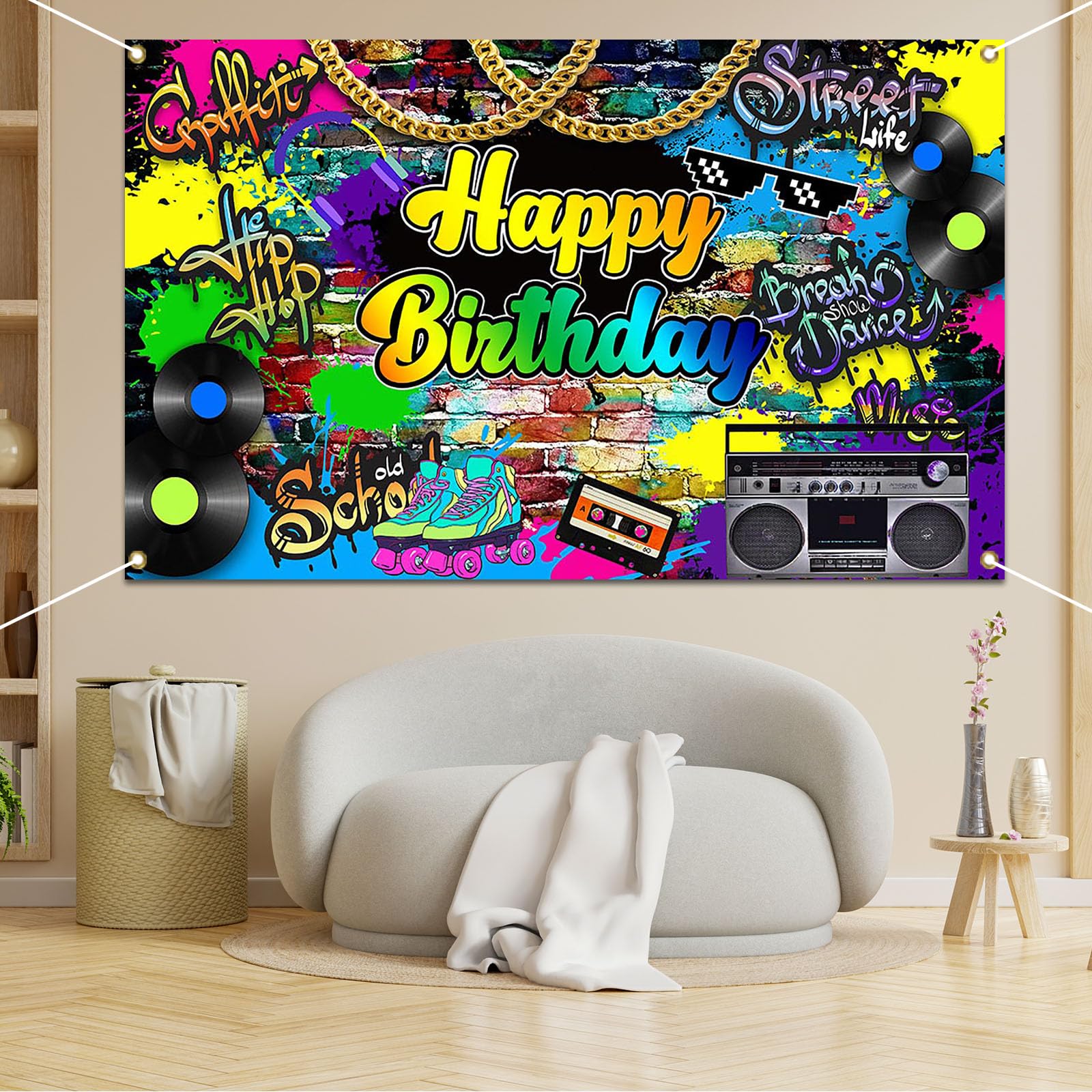 Avezano Hip Hop Birthday Party Backdrop Throwback Retro Birthday Banner Decor Graffiti 80's 90's Birthday Party Background (70.8x43.3inch)