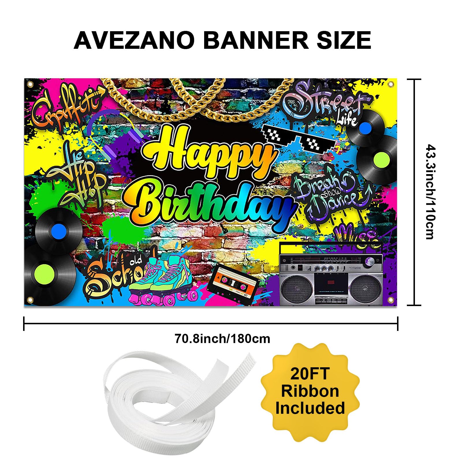 Avezano Hip Hop Birthday Party Backdrop Throwback Retro Birthday Banner Decor Graffiti 80's 90's Birthday Party Background (70.8x43.3inch)