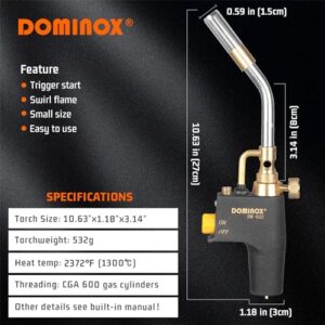 DOMINOX Propane Torch Head, High Intensity Torch Head Trigger Start Gas Torch, Map Gas Torch Kit for Propane, Map and Mapp Gas, Mapp Gas Torch, Soldering Torch Kit (Not Included Gas Tank)