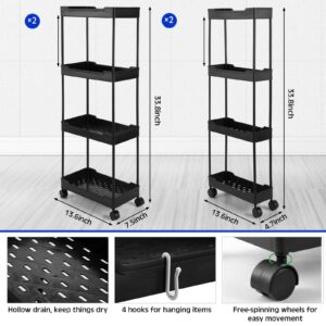 Thyle 4 Pack Slim Storage Cart 4 Tier Rolling Cart Organizer Bathroom Storage Cabinet Mobile Shelving Unit Rolling Utility Cart with Wheels for Kitchen Bathroom Laundry Office Narrow Places, Black