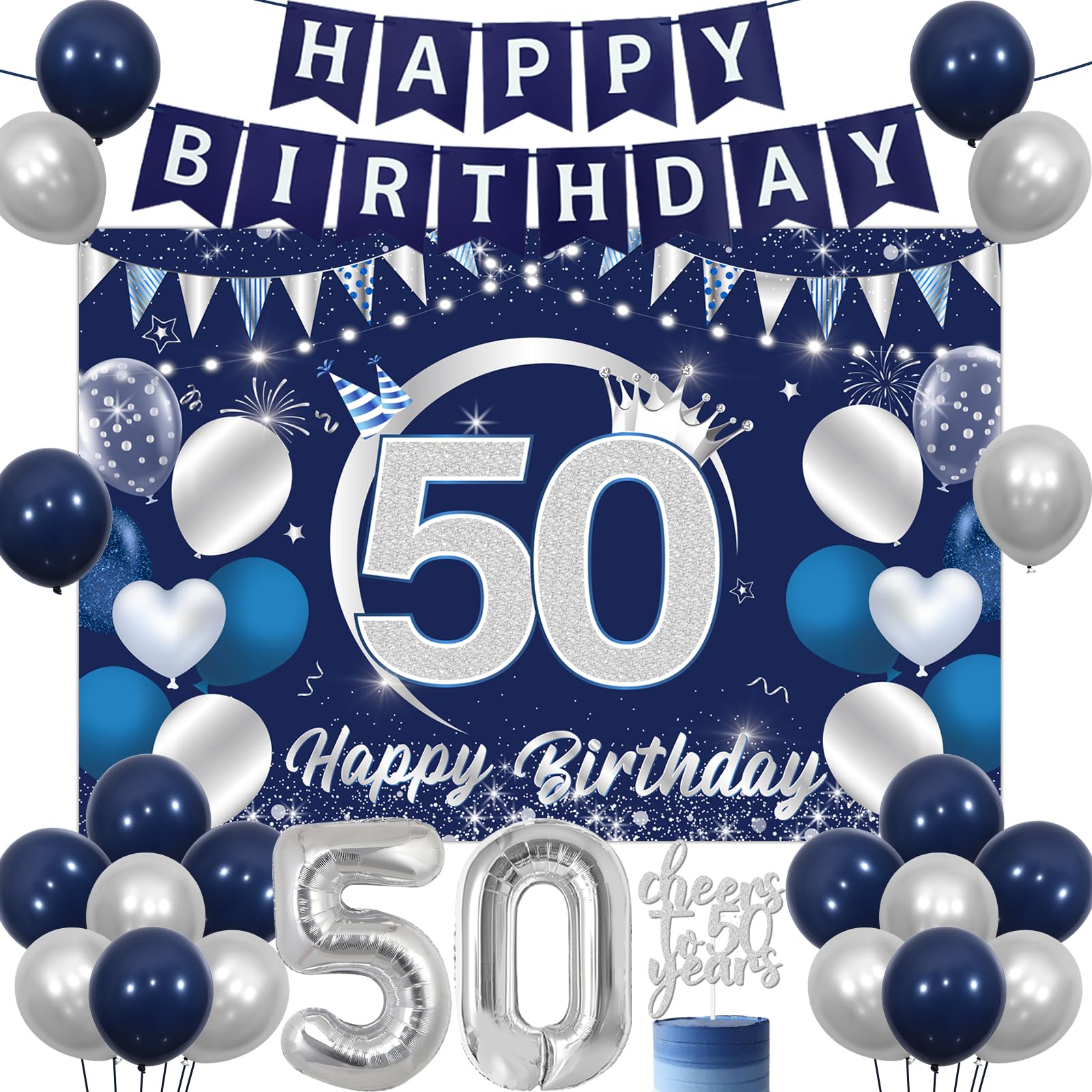 Wonmelody Navy Blue Silver 50th Birthday Decors for Men Women Happy 50th Birthday Backdrop Banner for 50 Years Old Cheers to 50 Years Cake Topper for Him Her Fifty Years Old Anniversary