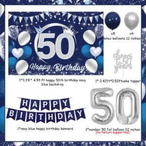 Wonmelody Navy Blue Silver 50th Birthday Decors for Men Women Happy 50th Birthday Backdrop Banner for 50 Years Old Cheers to 50 Years Cake Topper for Him Her Fifty Years Old Anniversary