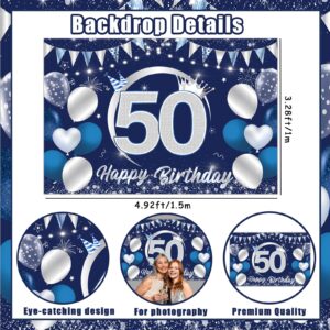 Wonmelody Navy Blue Silver 50th Birthday Decors for Men Women Happy 50th Birthday Backdrop Banner for 50 Years Old Cheers to 50 Years Cake Topper for Him Her Fifty Years Old Anniversary