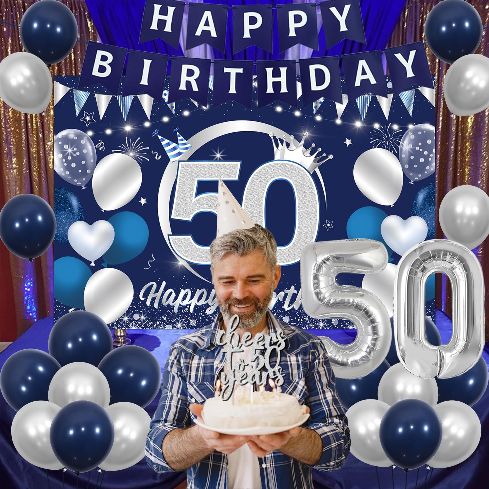 Wonmelody Navy Blue Silver 50th Birthday Decors for Men Women Happy 50th Birthday Backdrop Banner for 50 Years Old Cheers to 50 Years Cake Topper for Him Her Fifty Years Old Anniversary