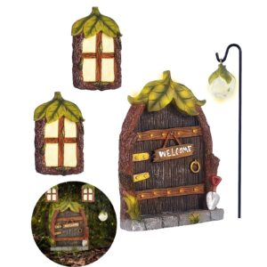 jauay miniature fairy garden accessories fairy door and windows for trees, glow in the dark yard garden sculpture lawn ornament mini garden art outdoor decor accessories with lantern