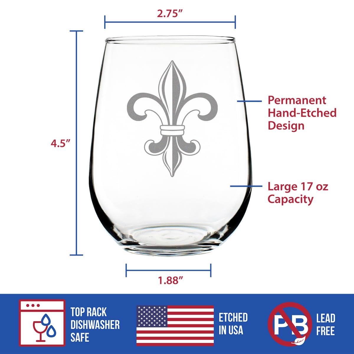 Fleur de Lis Stemless Wine Glass - French Fleur de Lis Decor and Gifts - Large 17 Oz Glasses