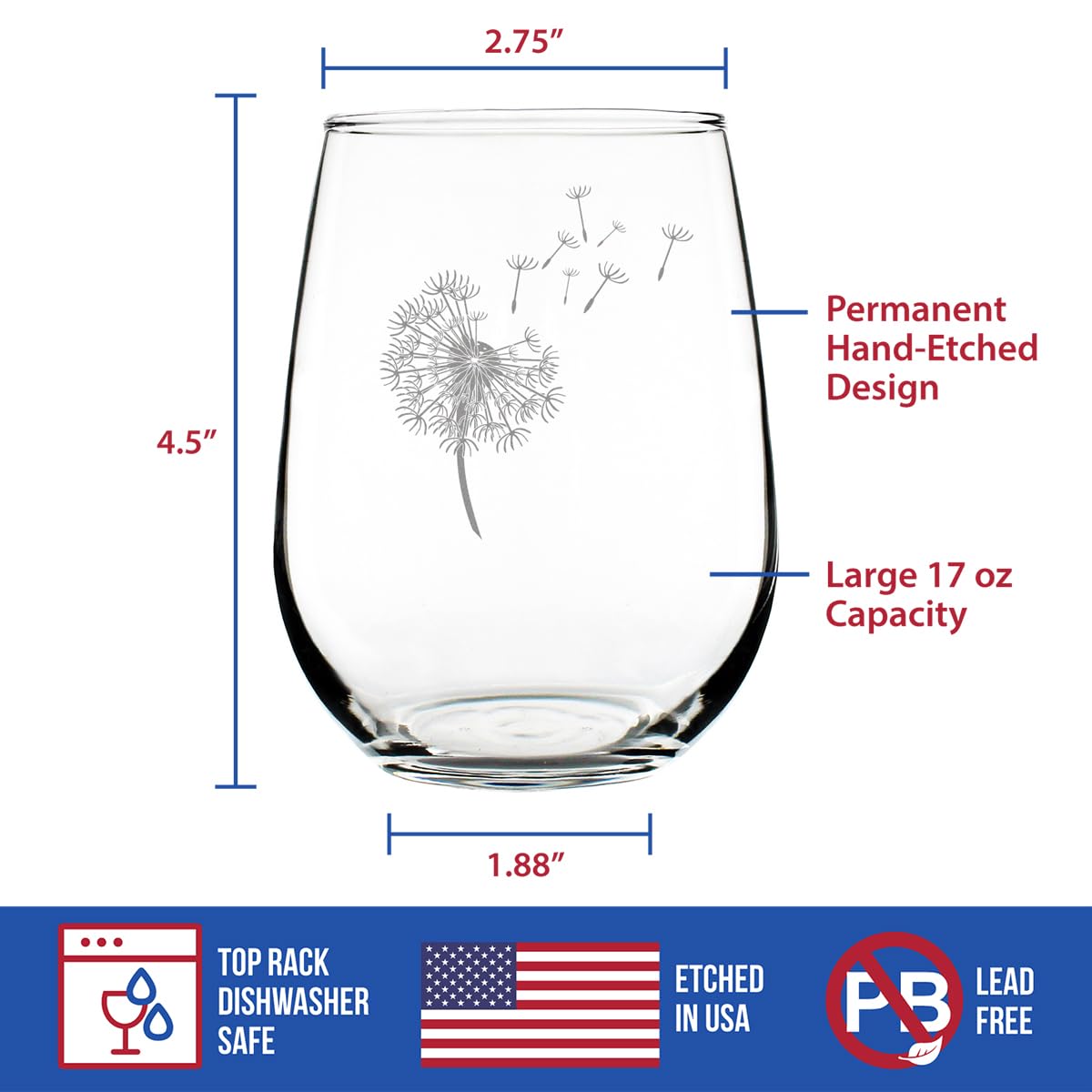 Dandelion Stemless Wine Glass - Friendship Gifts and Dandelion Flowers Decor for New Beginnings - Large 17 Oz Glasses